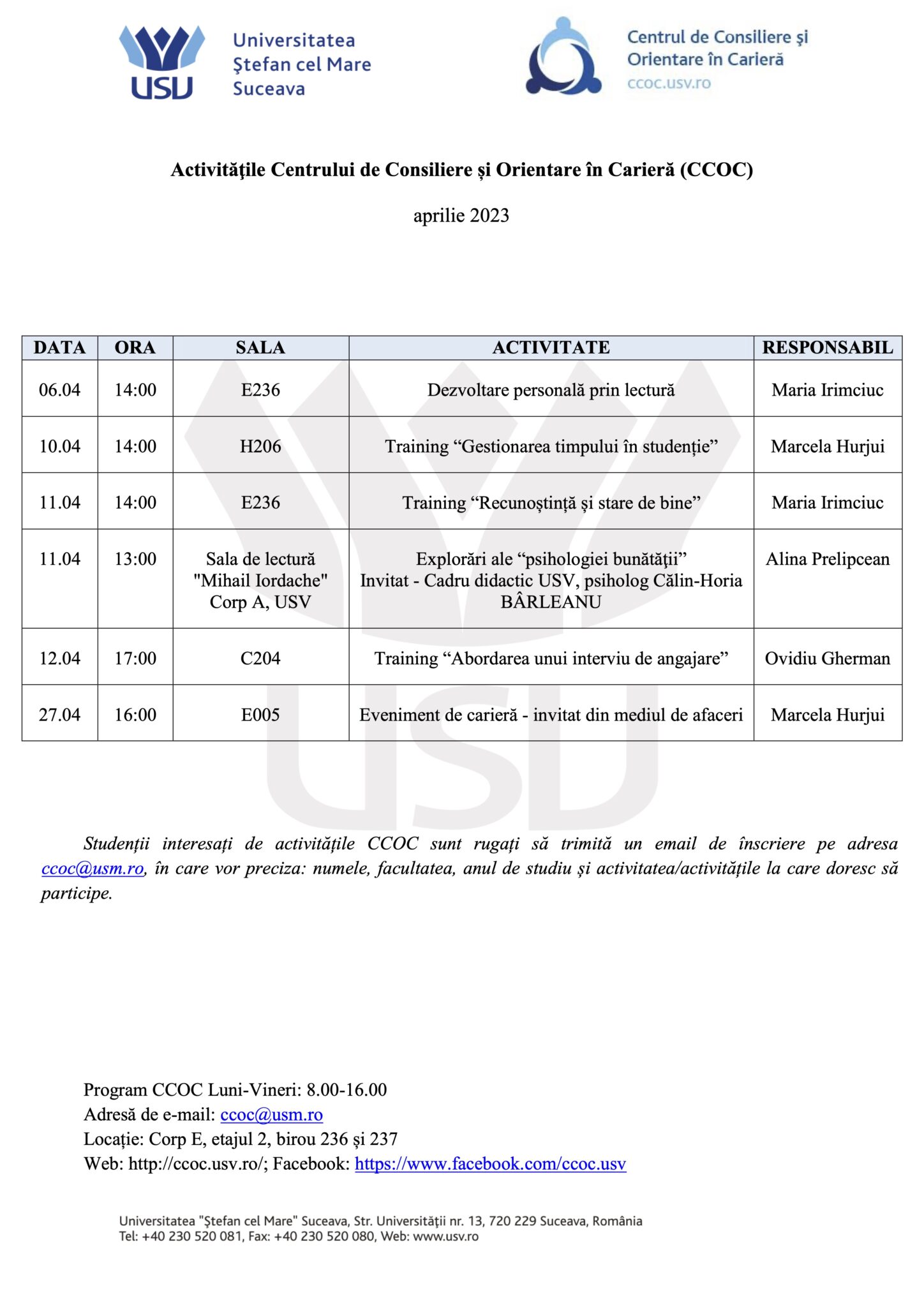Calendarul Activităților Centrului de Consiliere și Orientare în Carieră (CCOC) - Mai 2023 ...